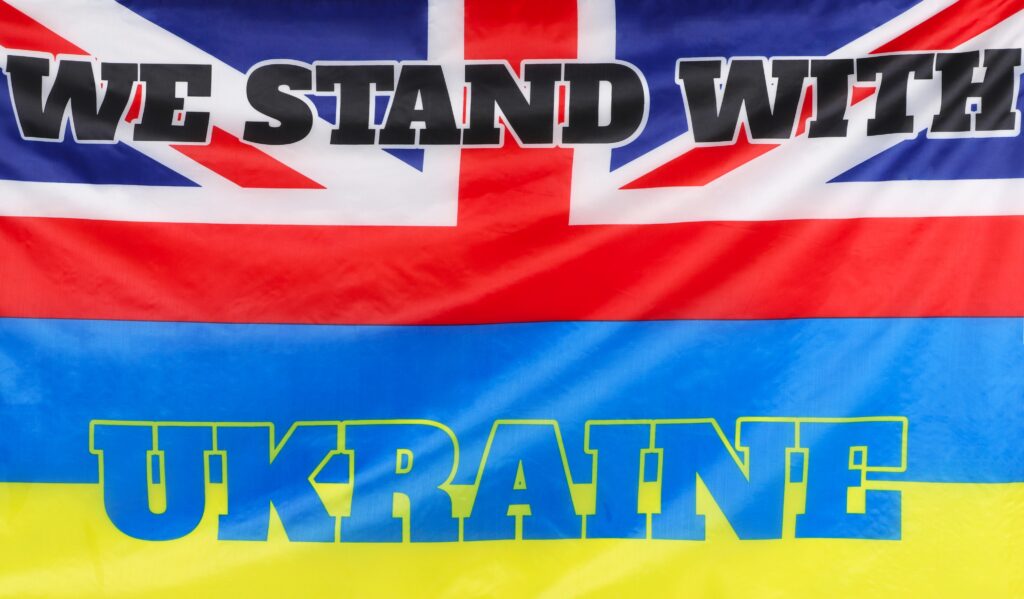 5ft X 3ft (150cm X 91cm) Union Jack / Ukrainian flag - " WE STAND WITH ...